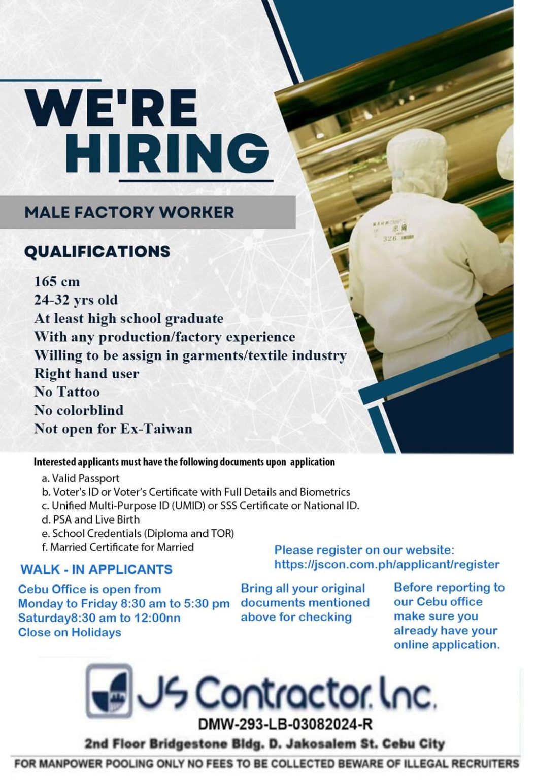 Taiwan Hiring Factory Workers under JS Contractor Inc. | High School