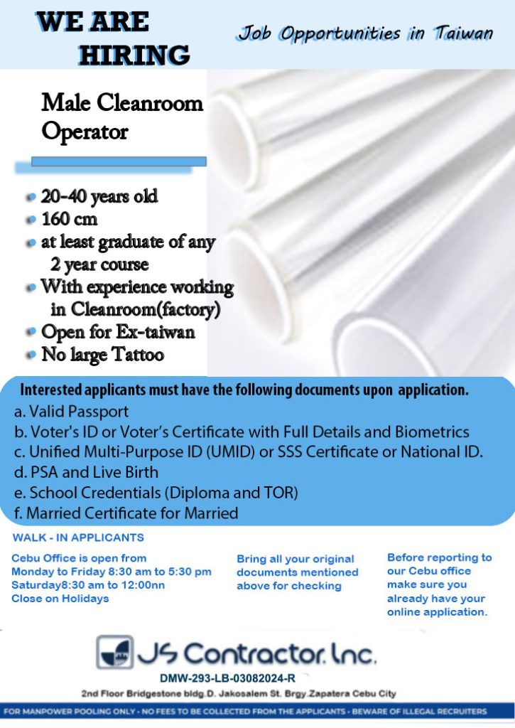 Taiwan Hiring Factory Workers under JS Contractor Inc. | High School