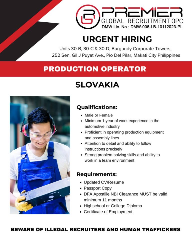 Slovakia Hiring Production Operator under Premier Global Recruitment