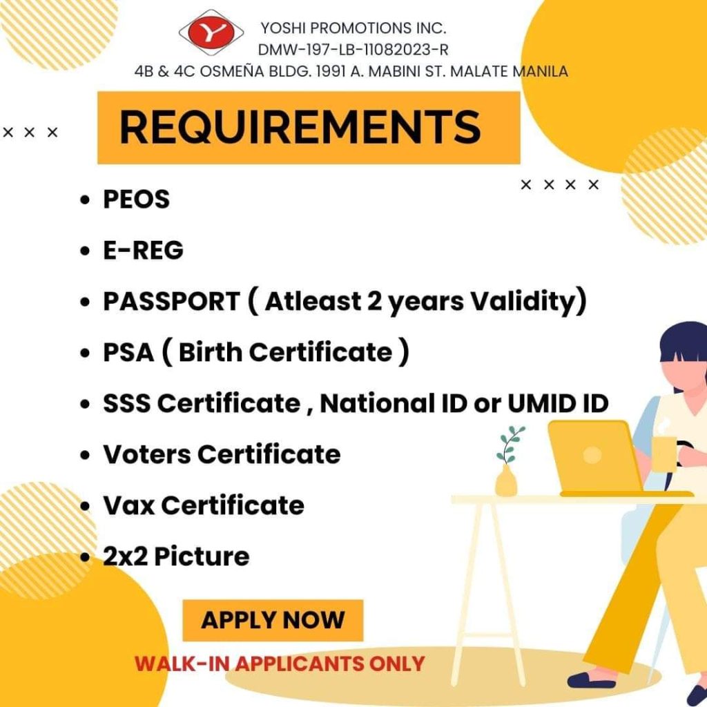 Taiwan Hiring Workers under Yoshi Promotion Inc.