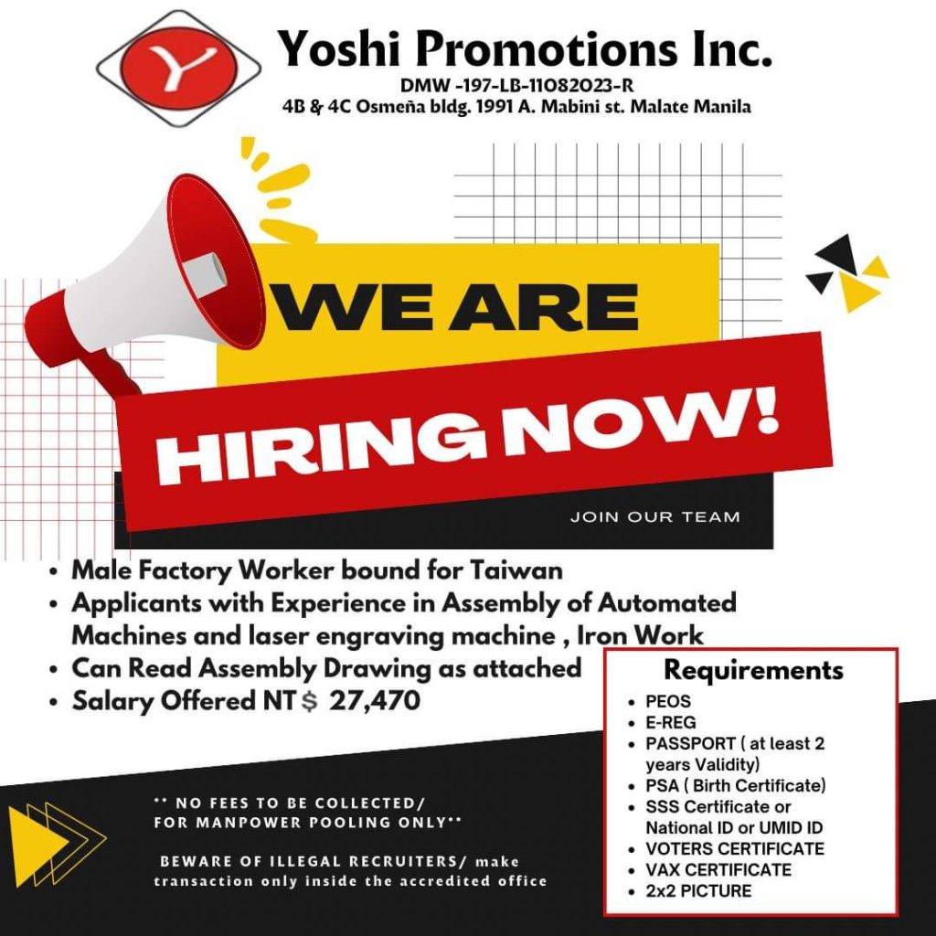 Hiring Male Factory Workers under Yoshi Promotions, Inc.
