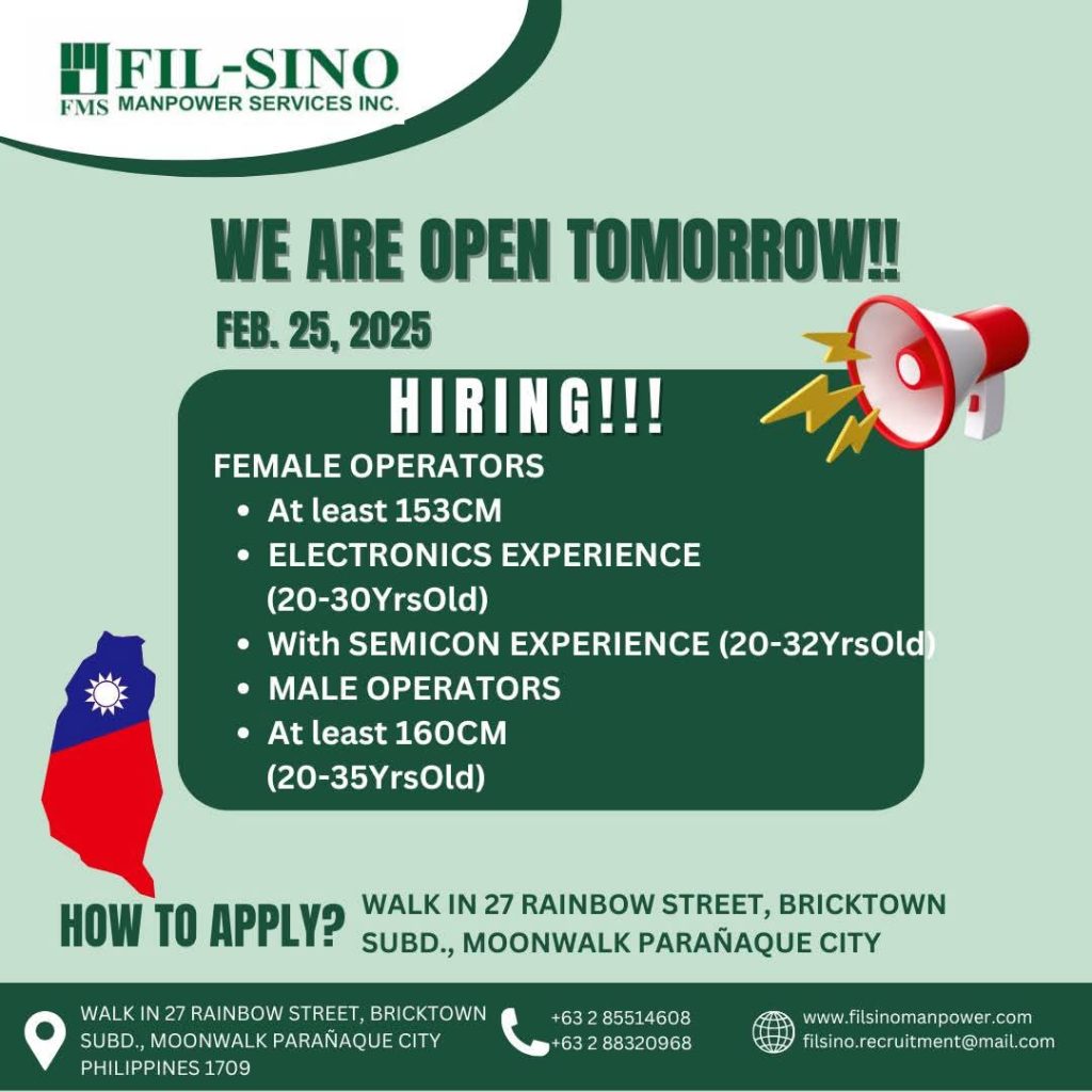 Taiwan Hiring Production Operator under Fil-Sino Manpower Services, Inc ...