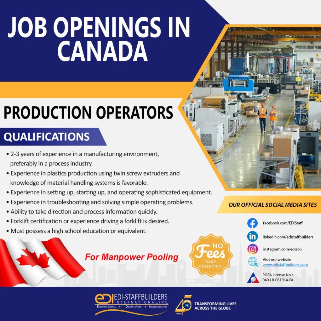 Canada Hiring Production Operators under EDI - Staffbuilders ...