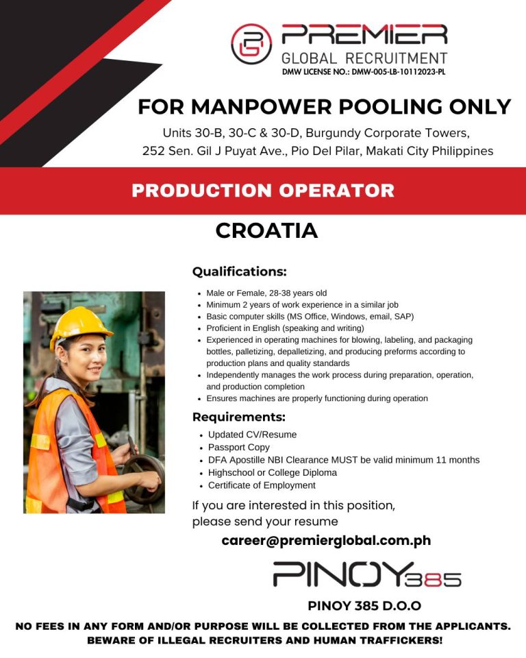 Croatia Hiring Production Operator under Premier Global Recruitment