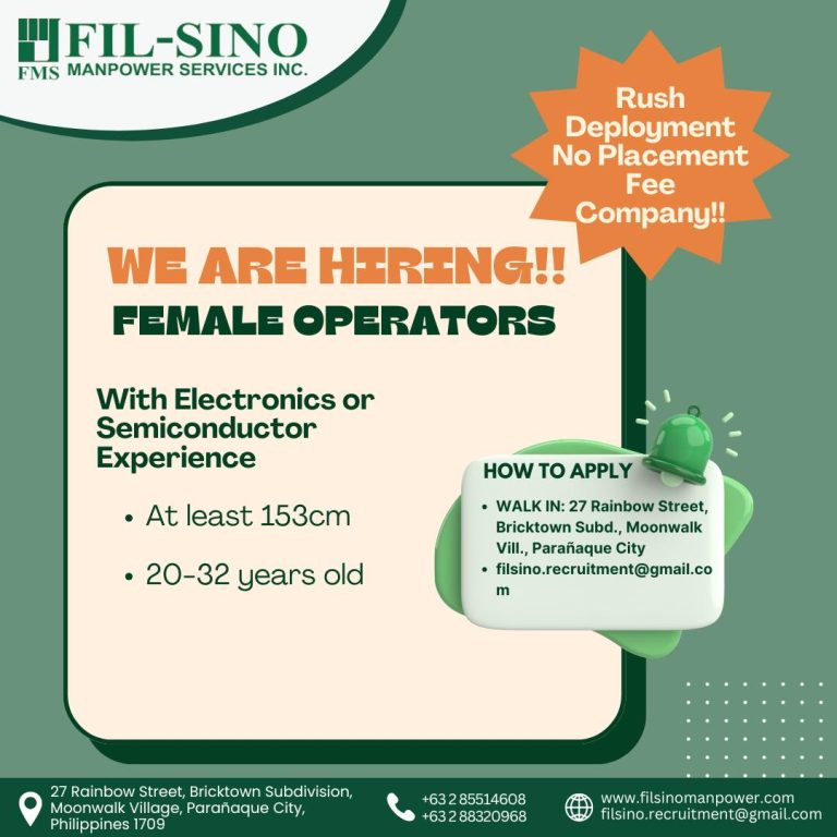 Taiwan Hiring Production Operator under Fil-Sino Manpower Services, Inc ...