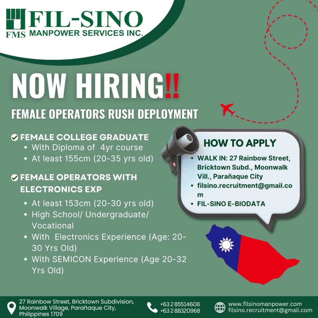 Taiwan Hiring Production Operator under Fil-Sino Manpower Services, Inc ...