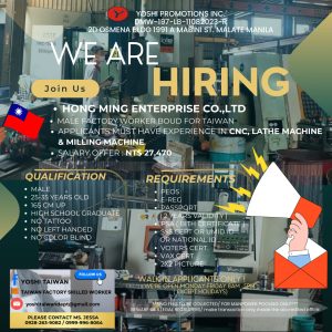 Taiwan Hiring Machine Operator for Hong Ming Enterprise Co. Ltd.