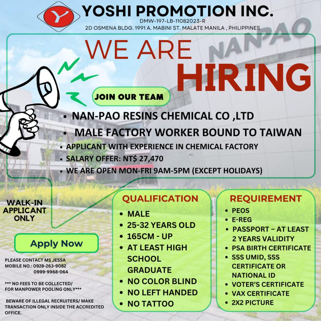 Taiwan Hiring Factory Workers for Nan Pao Resins Chemical under Yoshi Agency