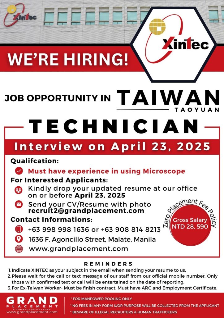 Taiwan Hiring Factory Workers for Xintec Technology Co., Ltd. - Pinoy ...