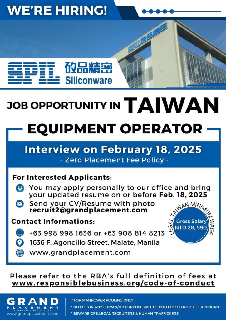 Taiwan Factory Workers for SPIL under Grand Placement Agency - Pinoy ...