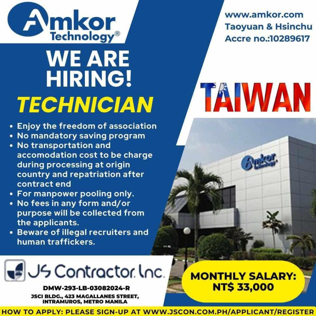 Taiwan Hiring Factory Workers for Amkor Technology