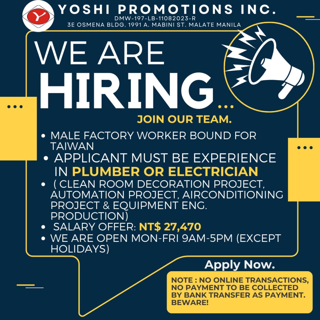 Taiwan Male Hiring Factory Workers under Yoshi Promotions, Inc.