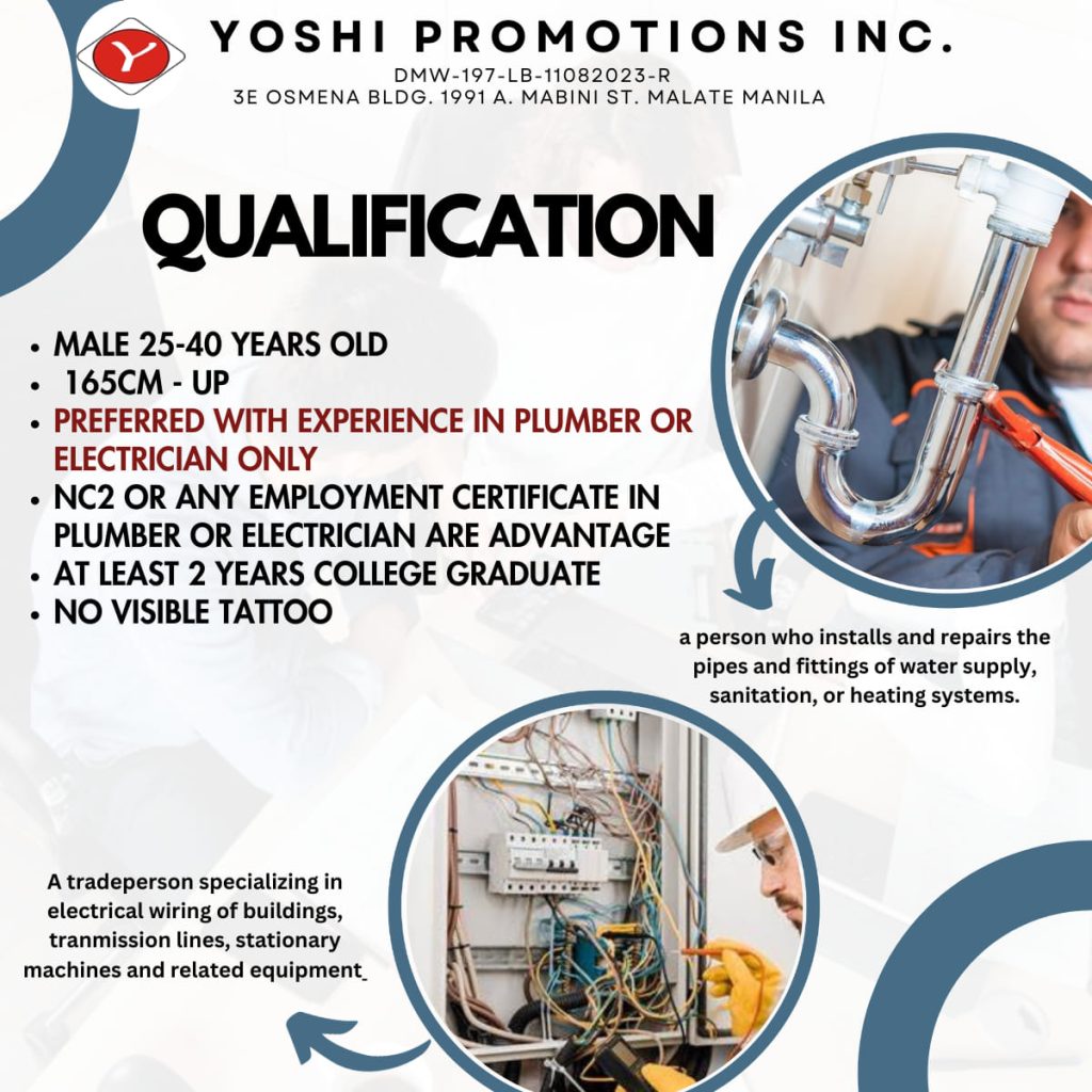 Taiwan Male Hiring Factory Workers under Yoshi Promotions, Inc.
