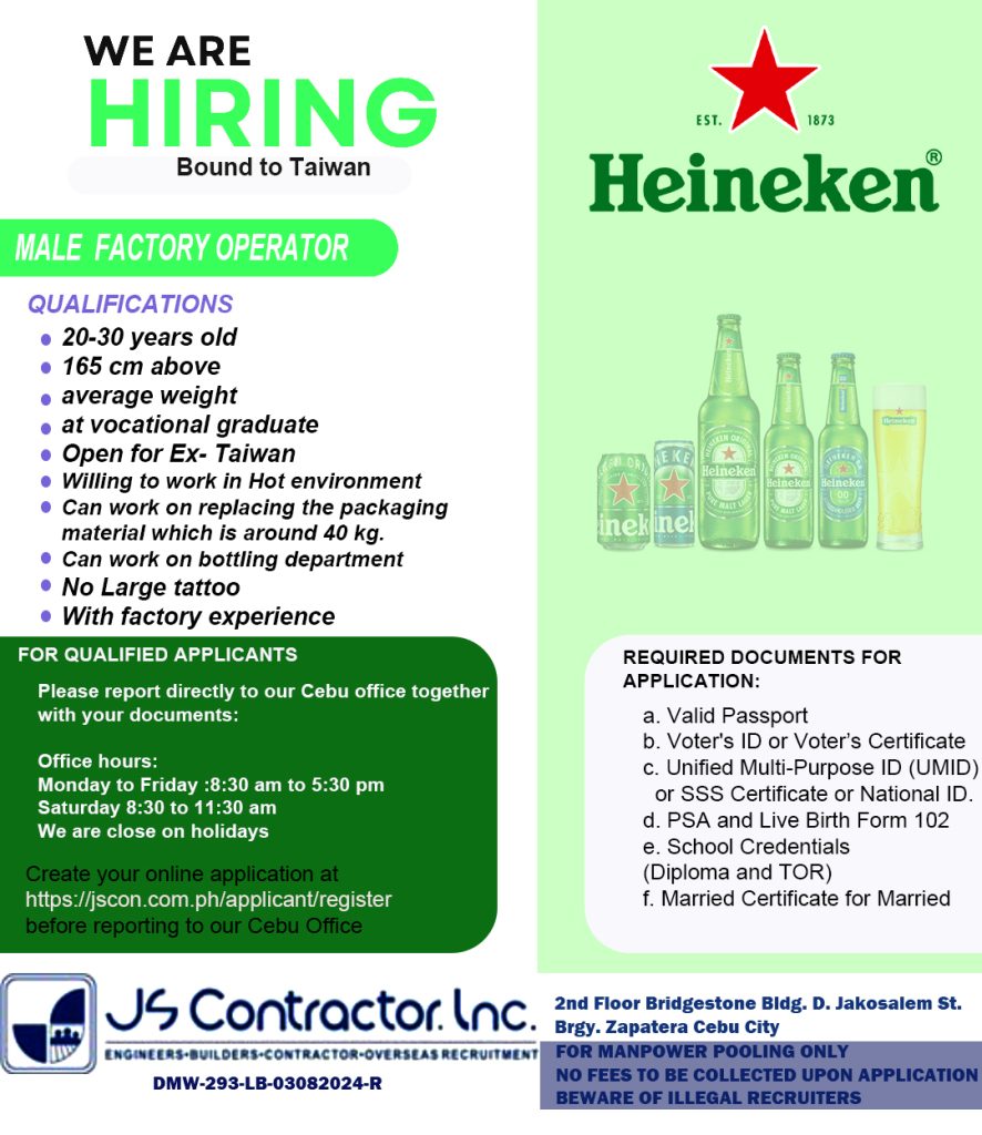 Hiring Factory Workers for Heineken Taiwan
