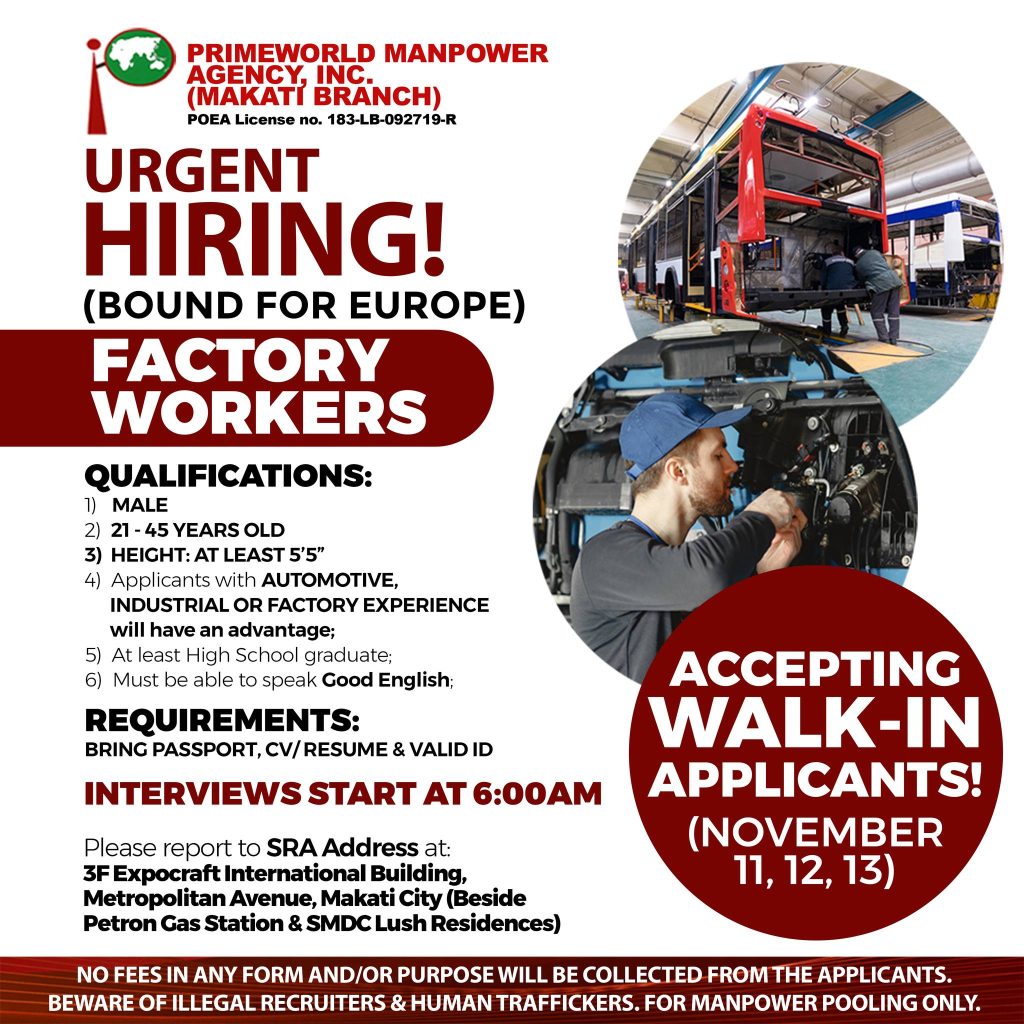 Now Hiring Factory Workers bound to Europe | High School