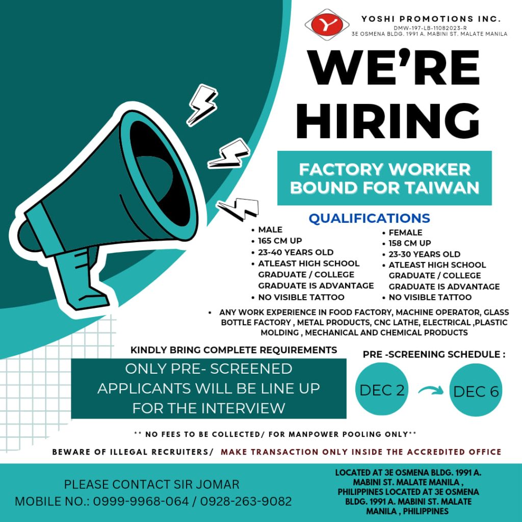Taiwan Urgent Hiring Factory Workers under Yoshi Promotions, Inc.
