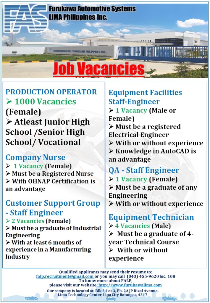 Local Job Hiring Production Operator for Furukawa Automotive Systems ...