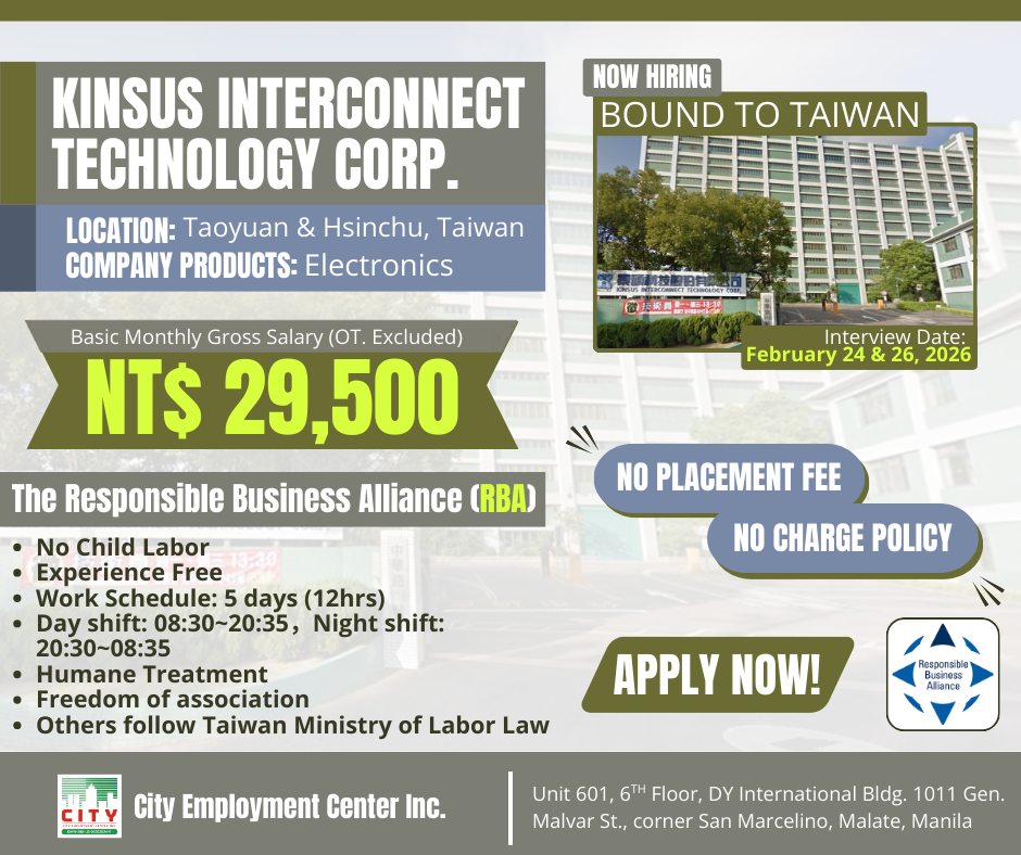 Taiwan Hiring Factory Workers for Kinsus Interconnect Technology Corp ...