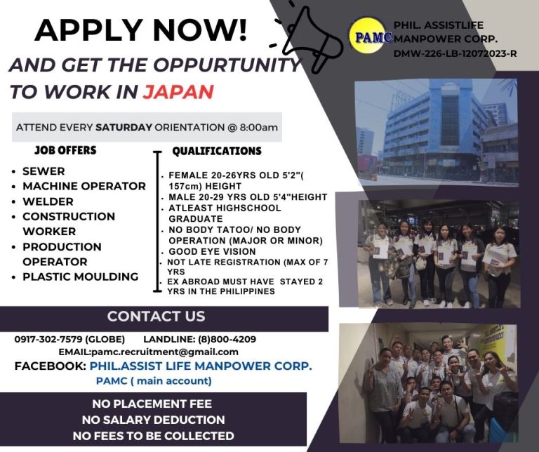 Hiring Workers bound to Japan under Phil Assist Life Manpower ...