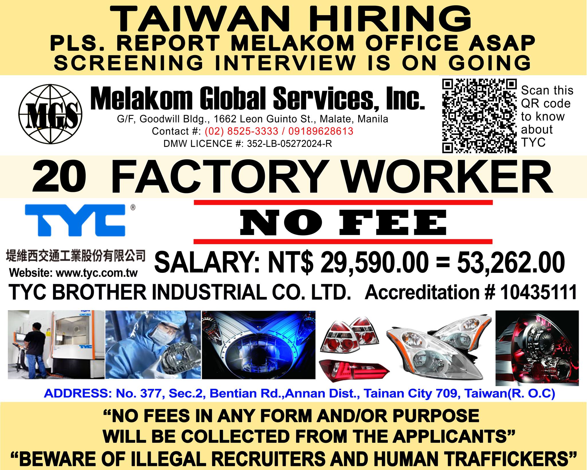 Taiwan Hiring Factory Workers for TYC Brother Industrial Co., Ltd.