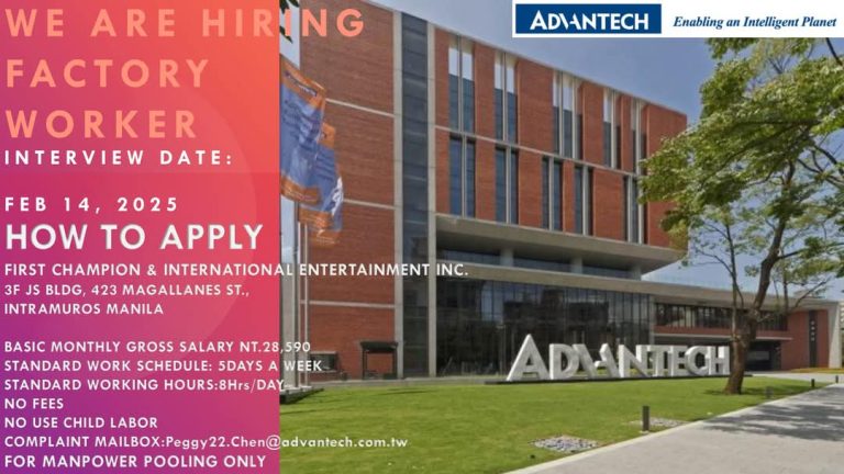 Urgent Hiring: Factory Workers for Advantech Co., Ltd. Taiwan – Apply ...