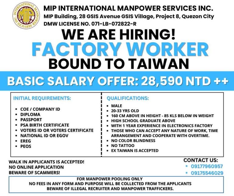 Taiwan Hiring Factory Workers | No online application
