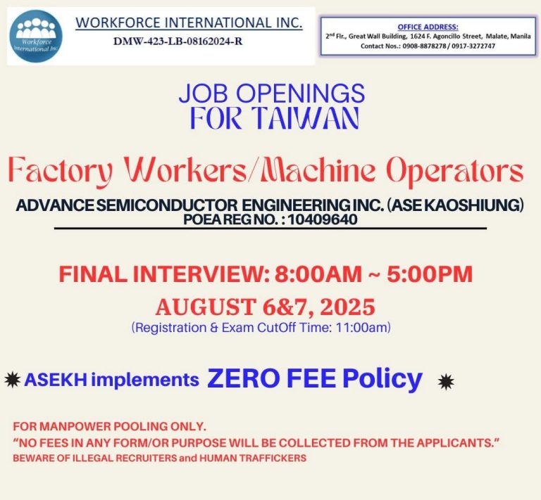 Urgent Hiring Factory Workers for ASE Kaohsiung bound to Taiwan
