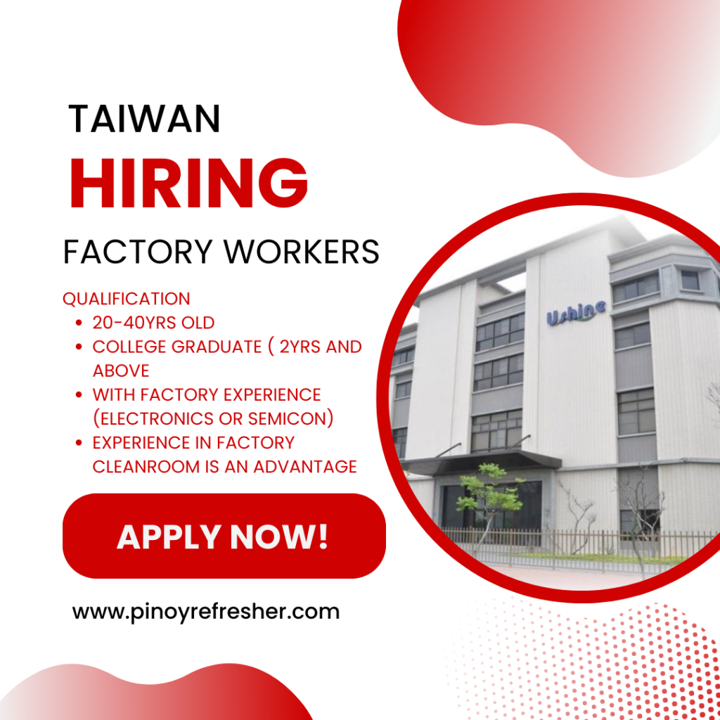 Taiwan Hiring Factory Workers for Ushine Photonics Corporation