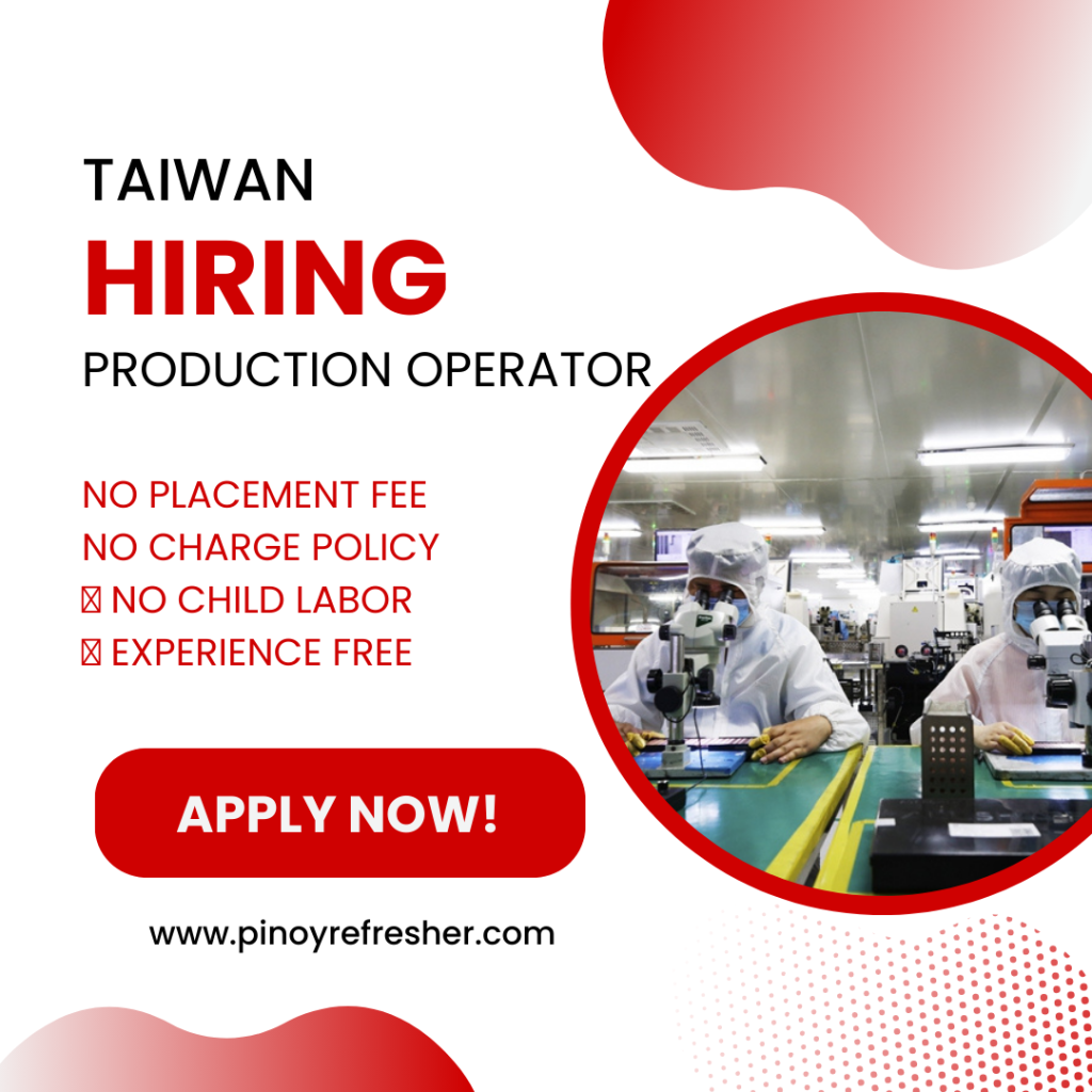 Taiwan Hiring Production Operator for Semiconductor | No Placement Fee