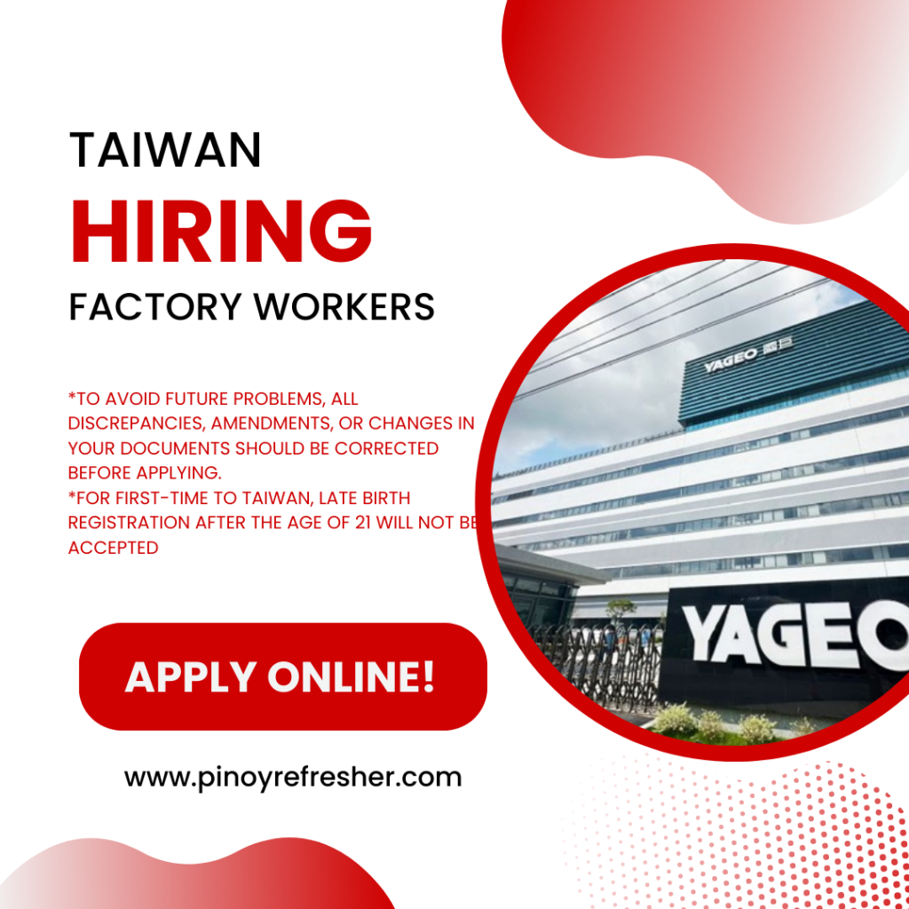 Urgent Hiring: Factory Workers for YAGEO in Taiwan
