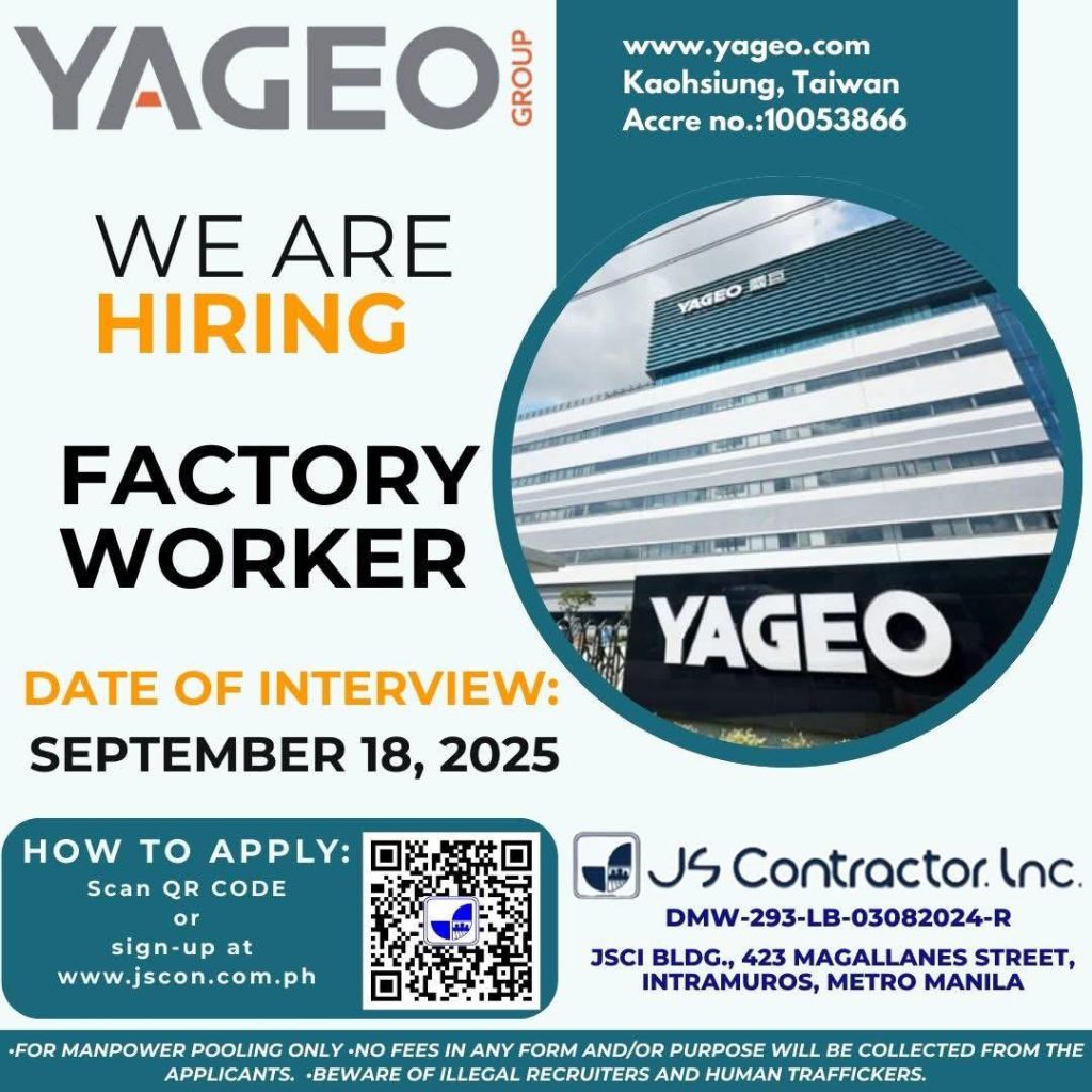 Urgent Hiring: Factory Workers for YAGEO in Taiwan