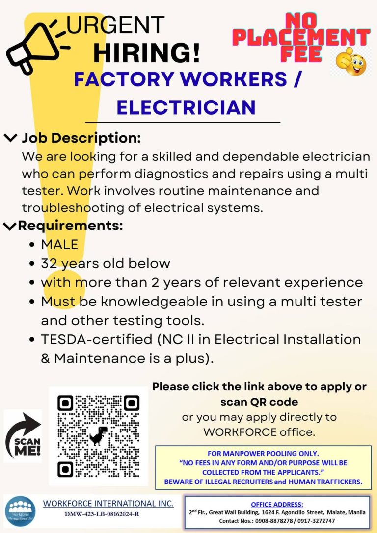 Immediate Hiring Factory Workers / Electrician | No Placement Fee