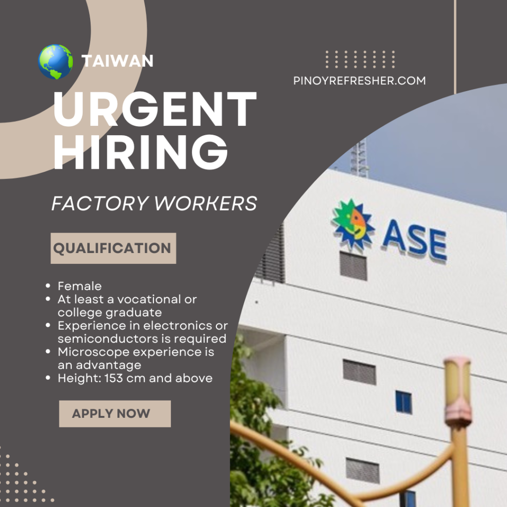 Urgent Hiring: Female Factory Workers for Taiwan — Apply Through Jopman ...