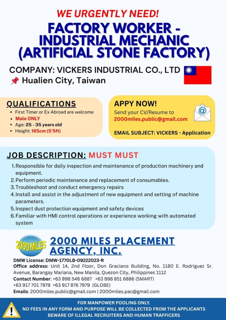 Taiwan Job Alert: Vickers Industrial Co. Ltd Now Hiring Factory Workers!