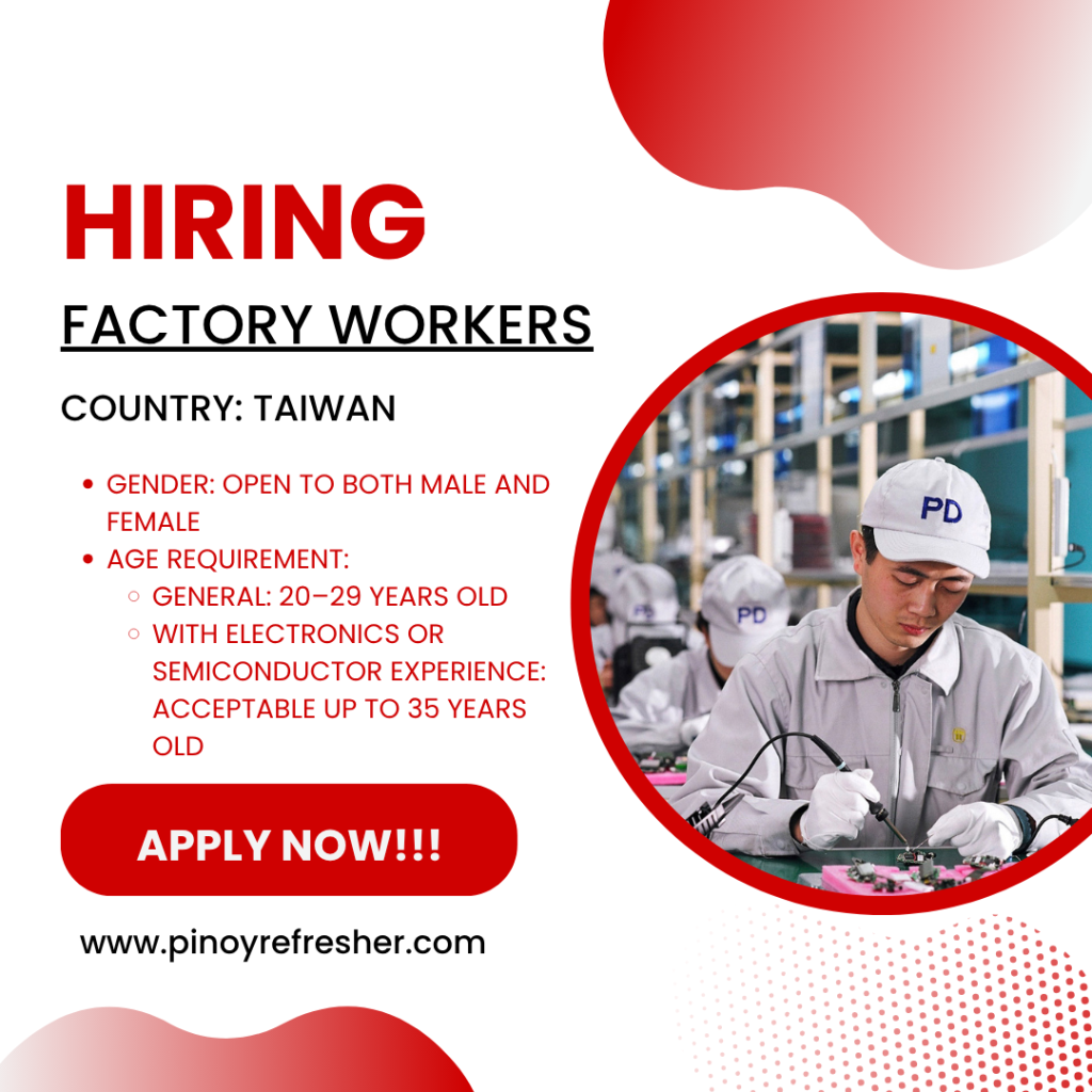 Now Hiring: Factory Workers for Taiwan – Apply Today with J’s ...