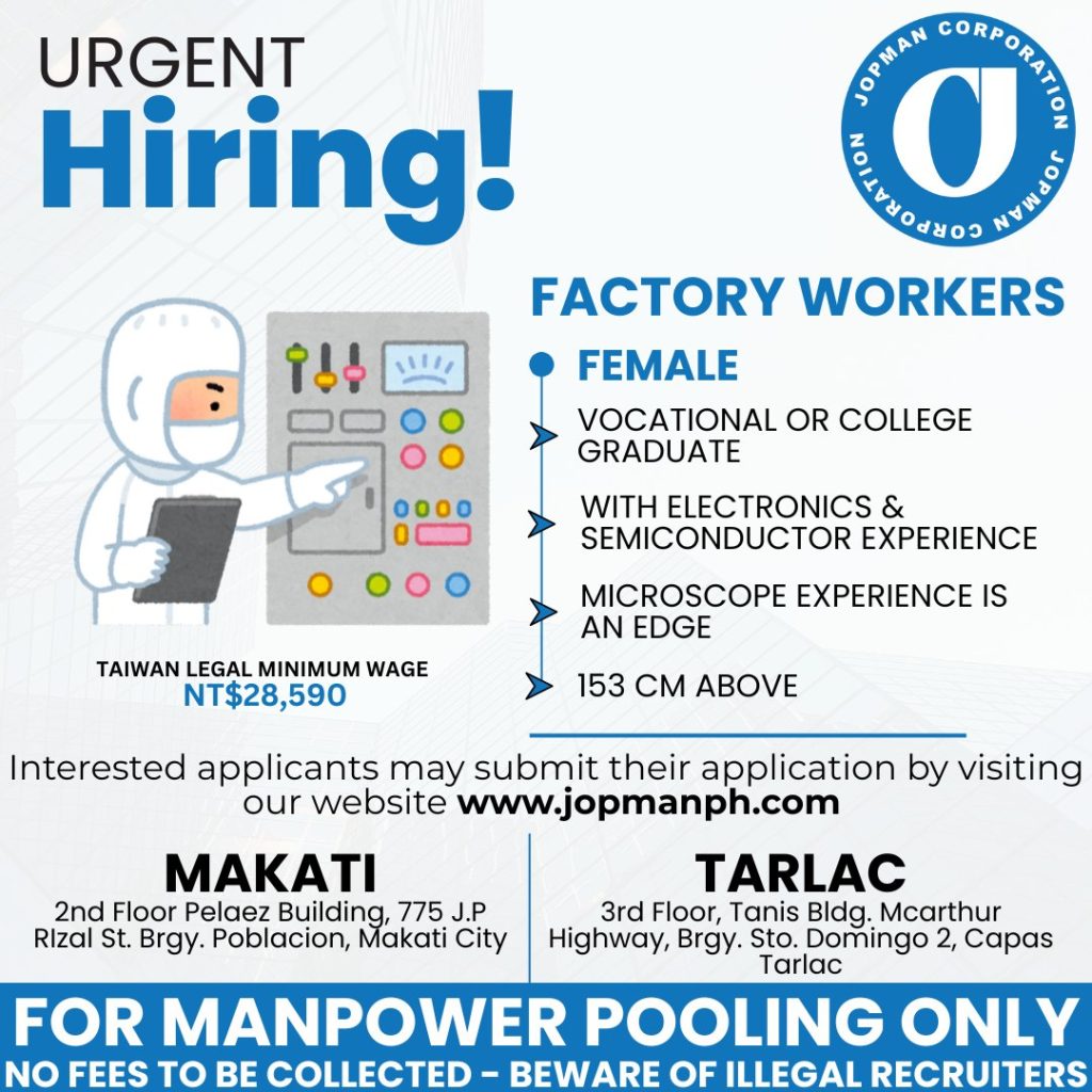 Urgent Hiring: Female Factory Workers for Taiwan — Apply Through Jopman ...