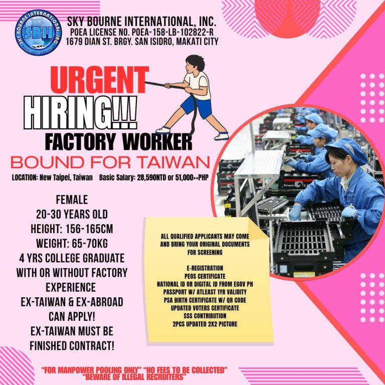 URGENT HIRING: Factory Workers for Taiwan | With or without Experience