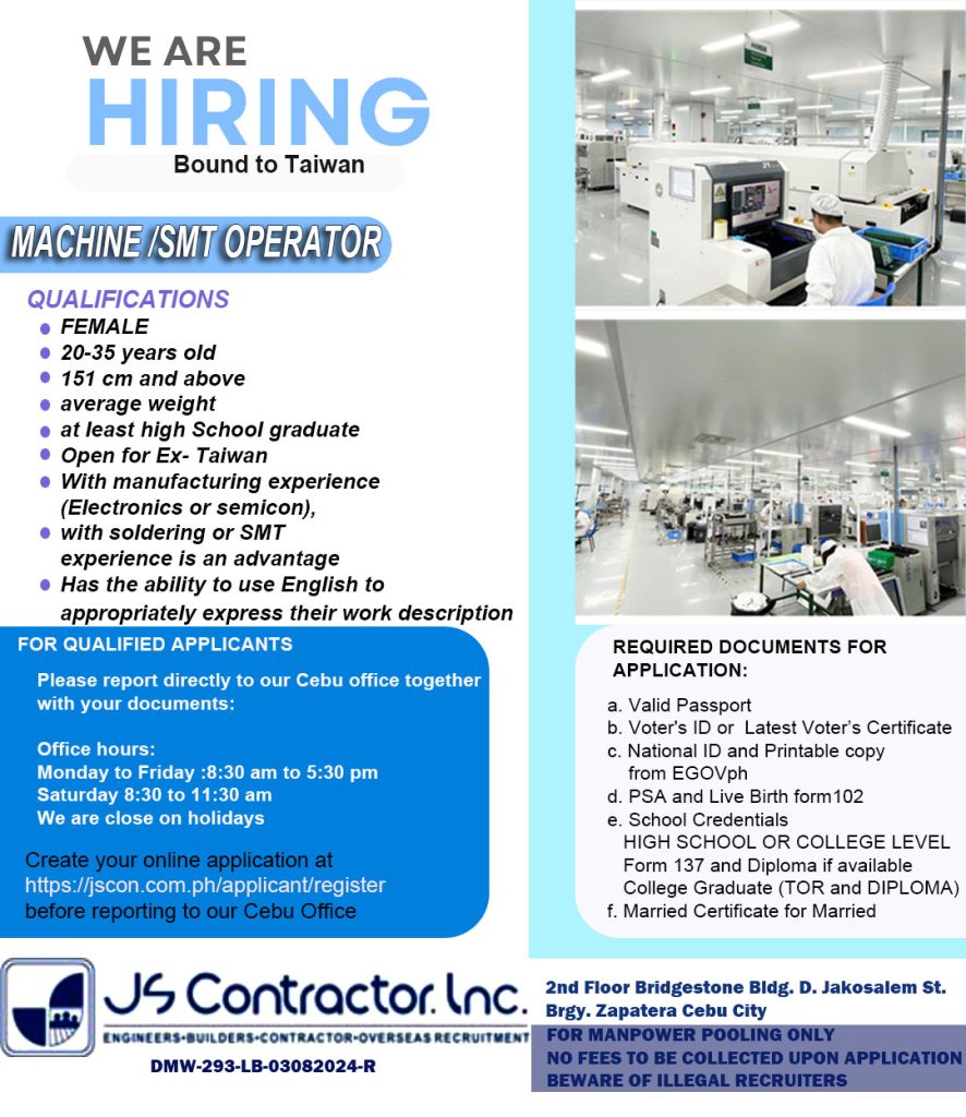 Hiring: Machine/SMT Operators – Work in Taiwan