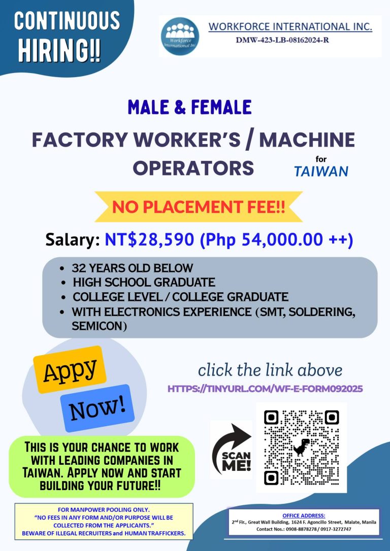 Continuous Hiring: Factory Workers and Machine Operators for Taiwan ...