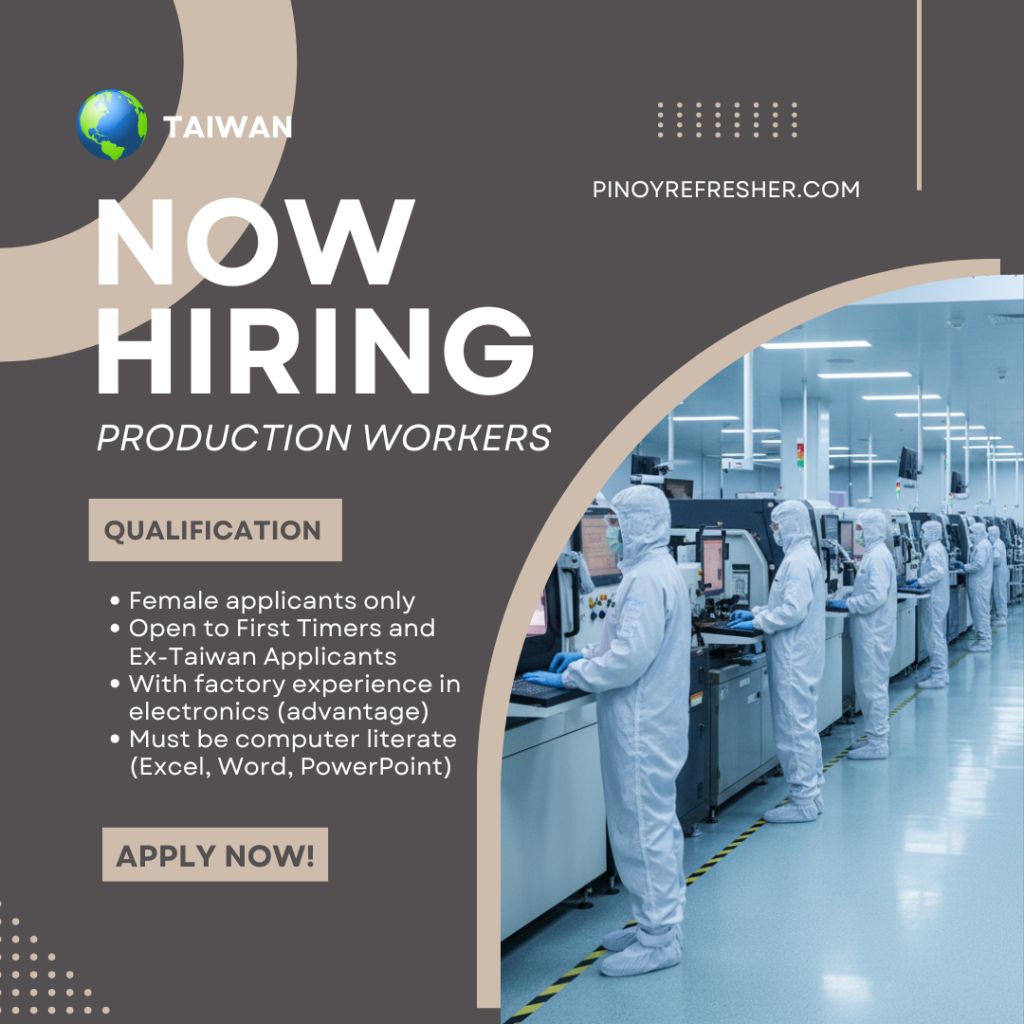 Urgent Hiring: Female Production Operators for Taiwan – No Placement Fee!
