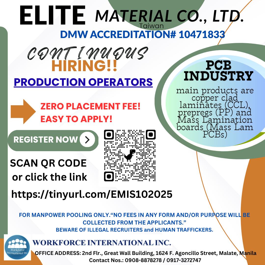 Elite Material Co. Ltd. Taiwan Hiring Production Operators | Zero ...