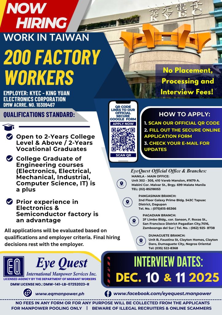 Taiwan Factory Worker Hiring | KYEC (King Yuan Electronics Corp.)