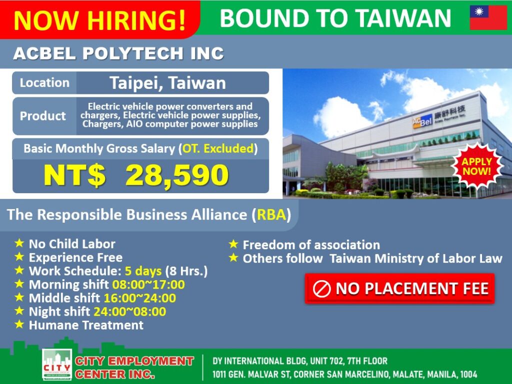Now Hiring: Factory Workers for Acbel Polytech Inc. – Bound for Taiwan