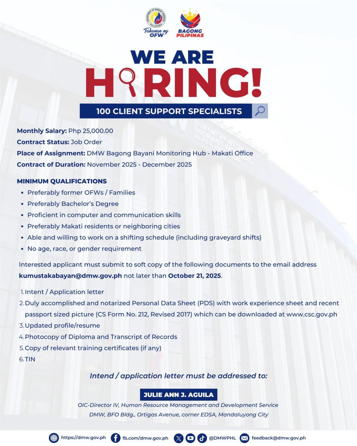 DMW is Hiring 100 Client Support Specialists!