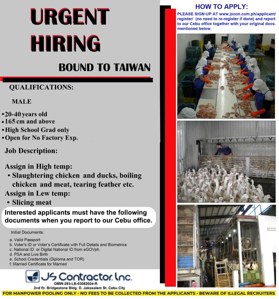 Urgent Hiring: Male Factory Workers Bound for Taiwan – Apply via JS Contractor Inc. Cebu Office