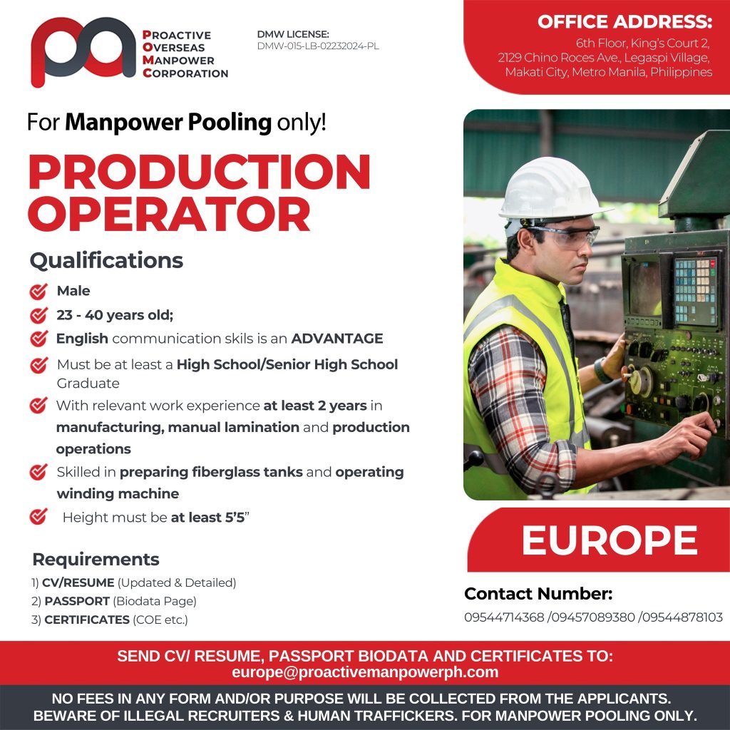 Now Hiring Production Operators for Europe – No Placement Fee | Apply ...