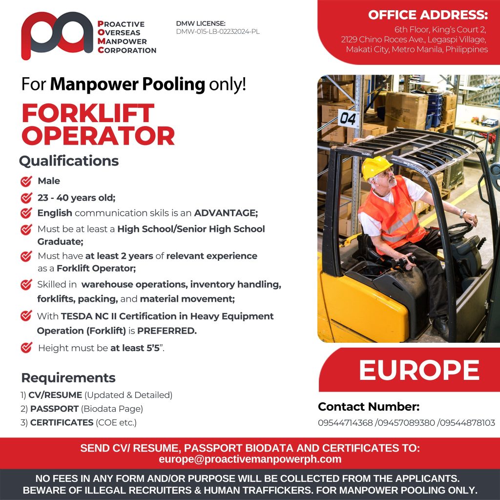 Now Hiring Forklift Operators for Europe – No Placement Fee | Apply ...