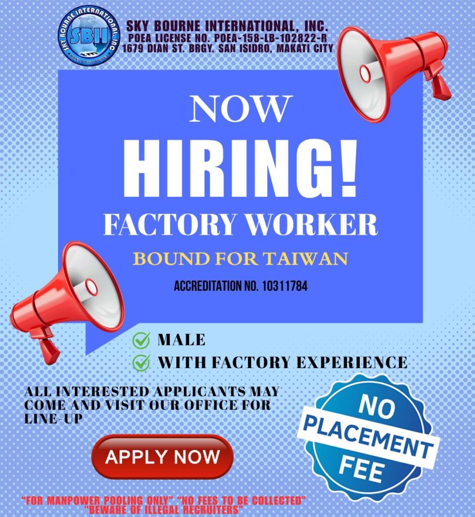 Work Abroad Opportunity: Factory Worker Positions Open for Taiwan