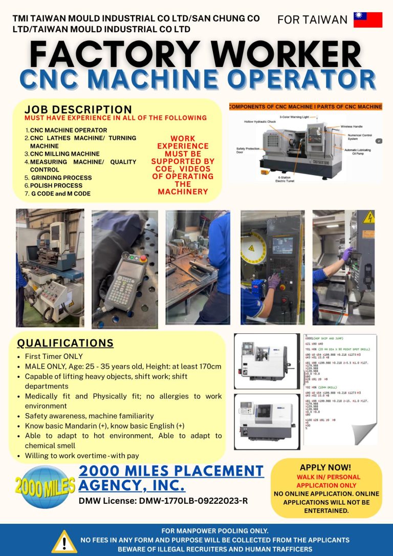 Hiring CNC Machine Operators for Taiwan Mould Industrial Co., Ltd. (TMI)
