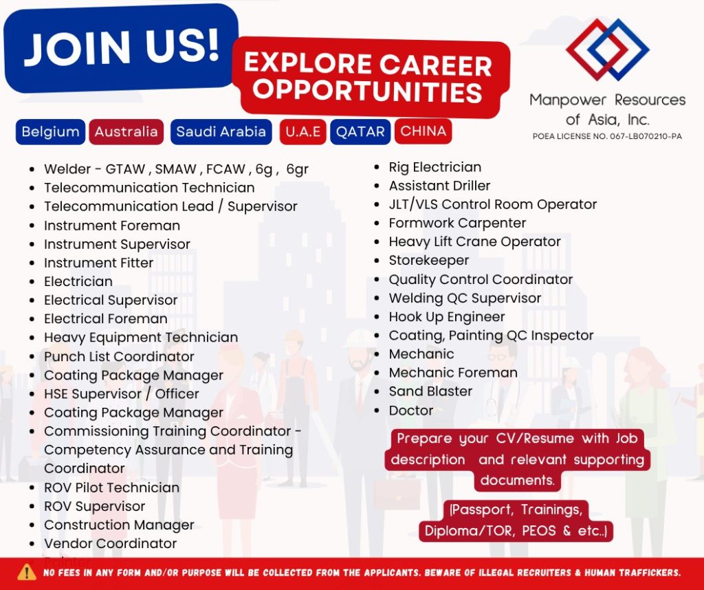 Now Hiring for Abroad! Manpower Resources of Asia Opens Jobs in Belgium ...